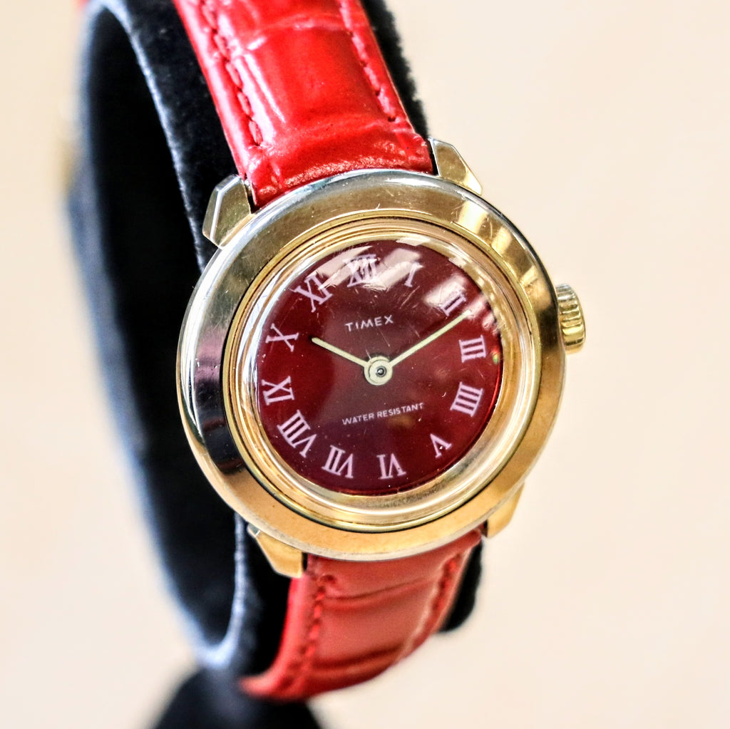 Ladies TIMEX Mechanical Watch Red Dial Vintage Wristwatch 26mm Water R ...