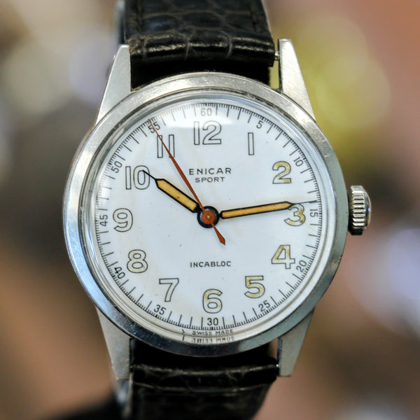 1950s ENICAR Sport Watch Incabloc Military Wristwatch Enamel Dial S.S ...