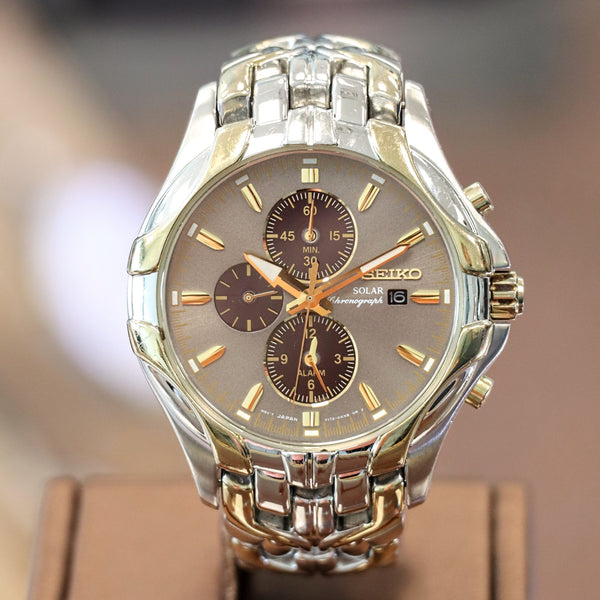 SEIKO Solar Chronograph "Excelsior" Watch SSC138 Two-Tone Case & Brace ...
