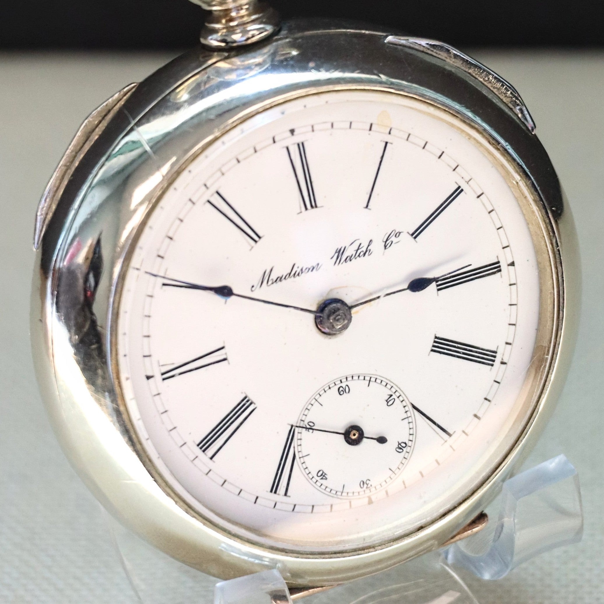 RARE! 1900s Madison Watch Co. Pocket Watch 18s Openface Key Wind Silve ...