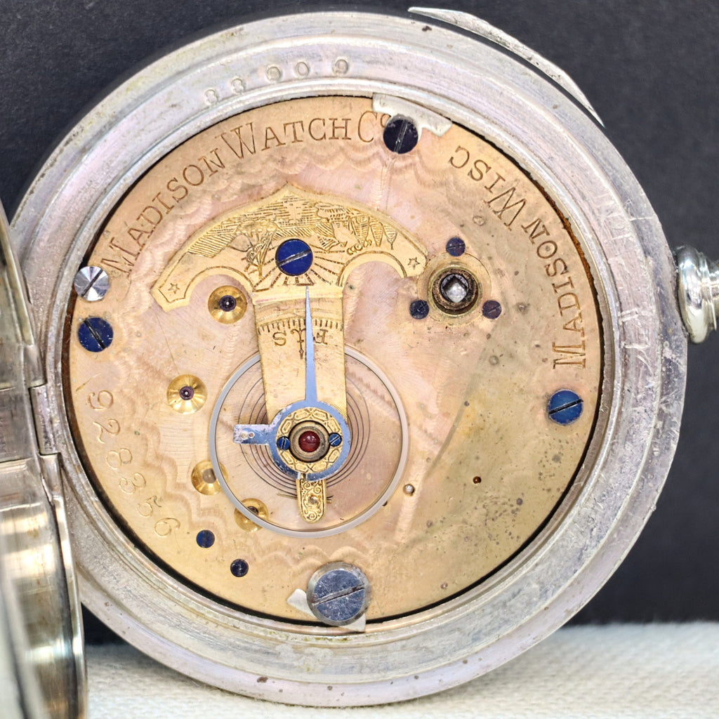 RARE! 1900s Madison Watch Co. Pocket Watch 18s Openface Key Wind Silve ...