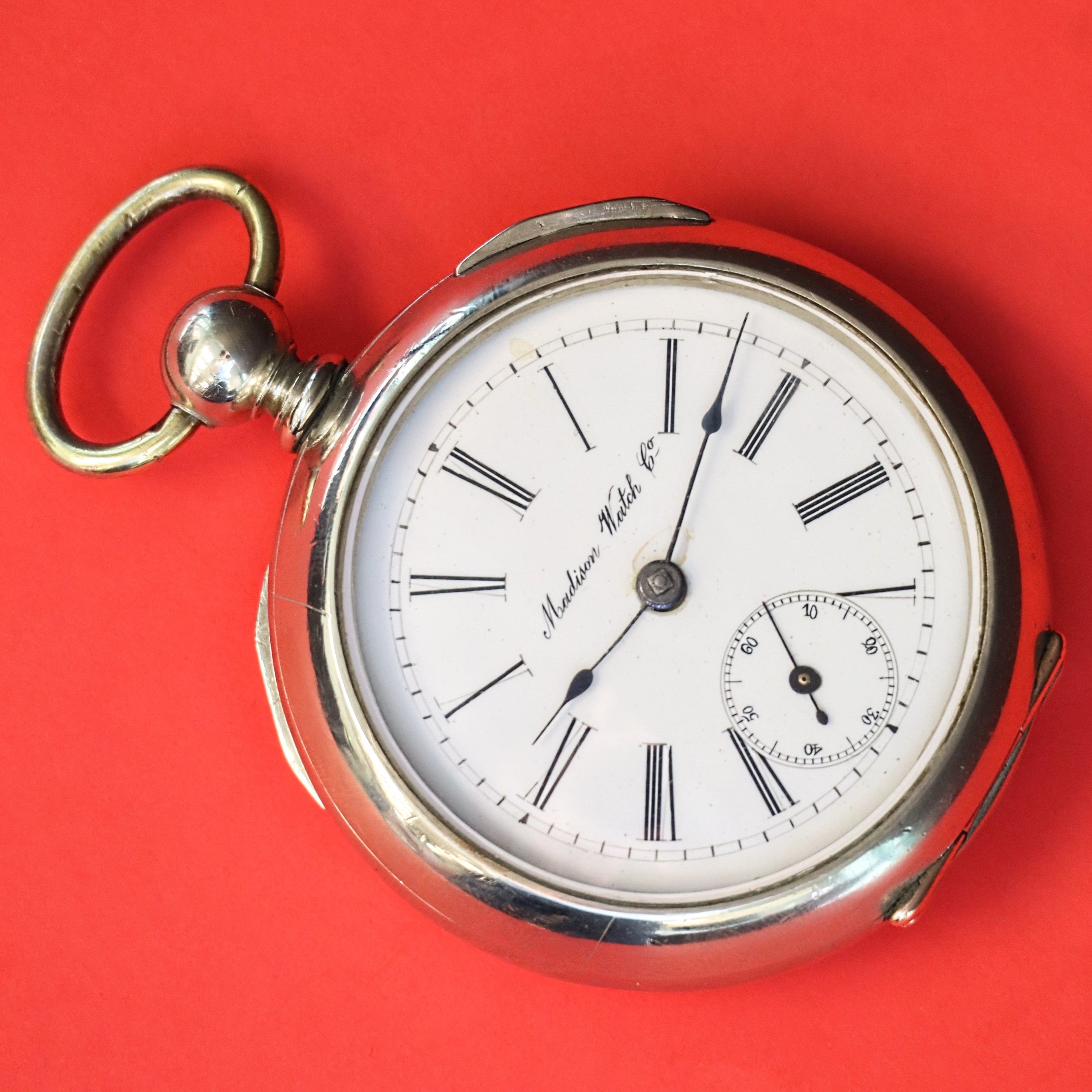 RARE! 1900s Madison Watch Co. Pocket Watch 18s Openface Key Wind Silve ...