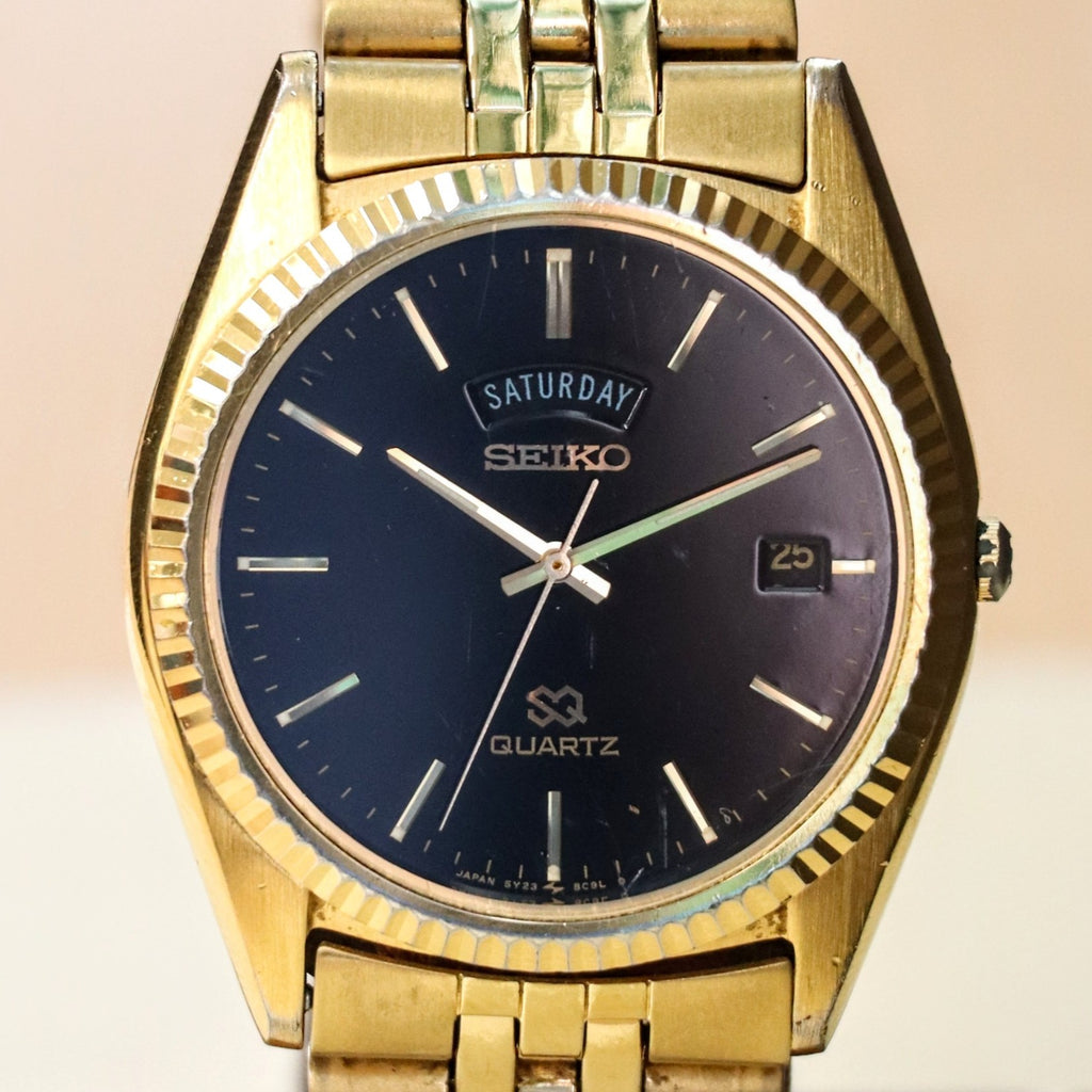 1990 SEIKO SQ Quartz Watch Day/Date 5Y23 Coin Edge Bezel and Original ...