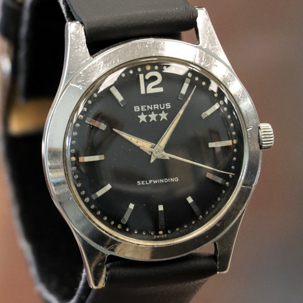 1960s BENRUS 3-Star Self-Winding Watch 17 Jewels Black Dial Model FE 2 ...