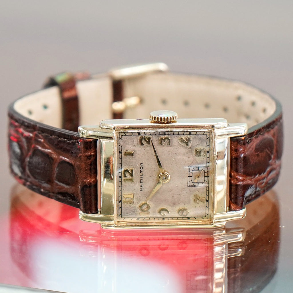 1946 HAMILTON Tank Case Watch 19 Jewels Cal. 982 U.S.A. Wristwatch 14K ...