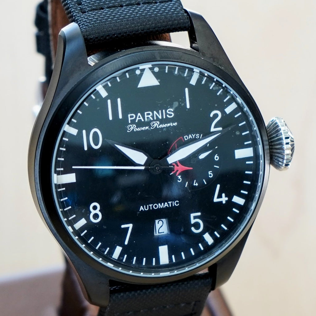 PARNIS Automatic Watch Power Reserve Large Pilot Style Date Wristwatch ...