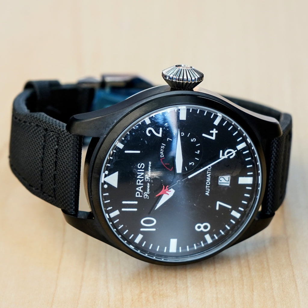PARNIS Automatic Watch Power Reserve Large Pilot Style Date Wristwatch ...