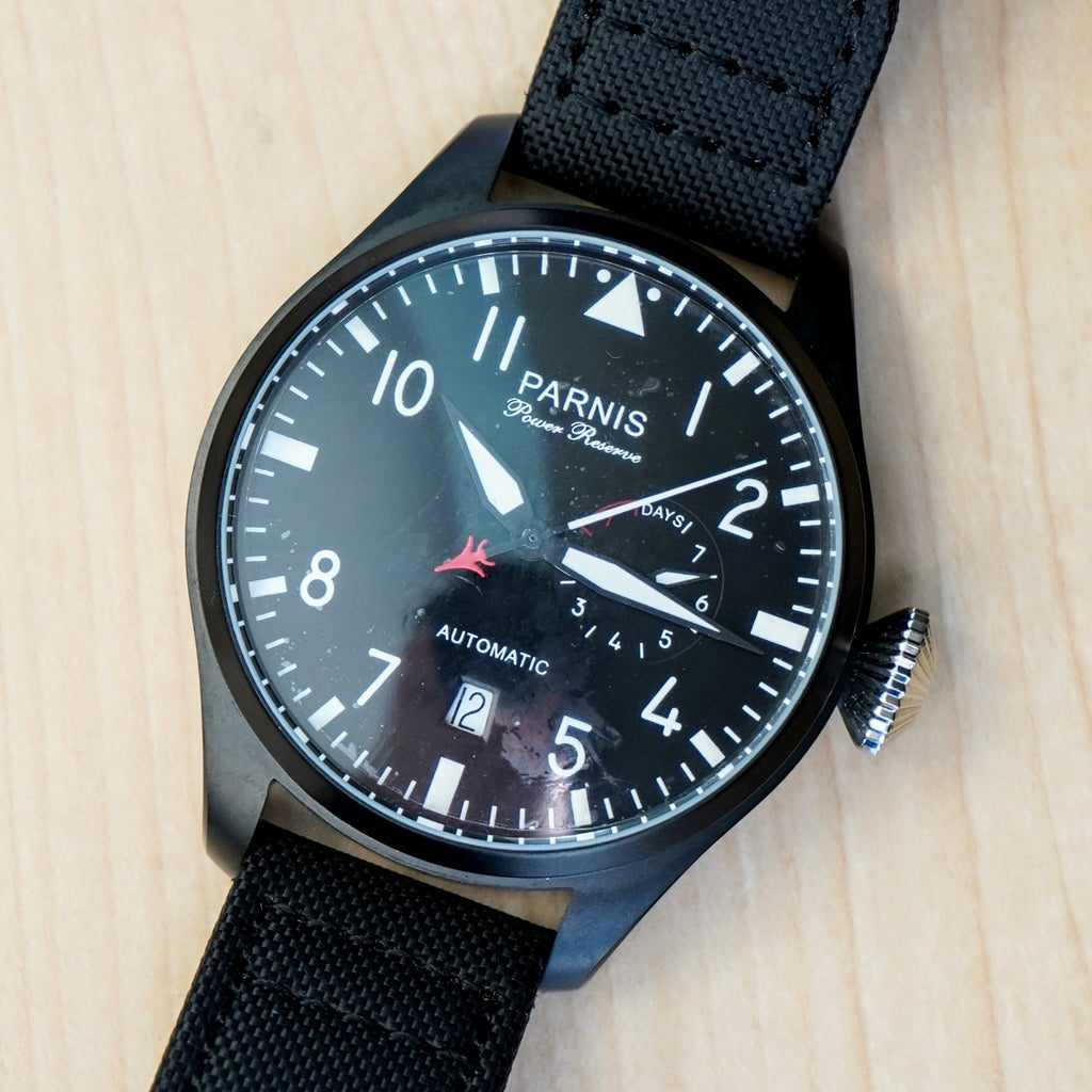 PARNIS Automatic Watch Power Reserve Large Pilot Style Date Wristwatch ...