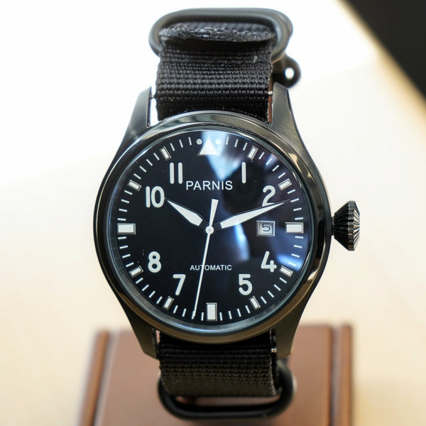PARNIS Automatic Watch Large Pilot Style Date Display Case Back Wristw ...