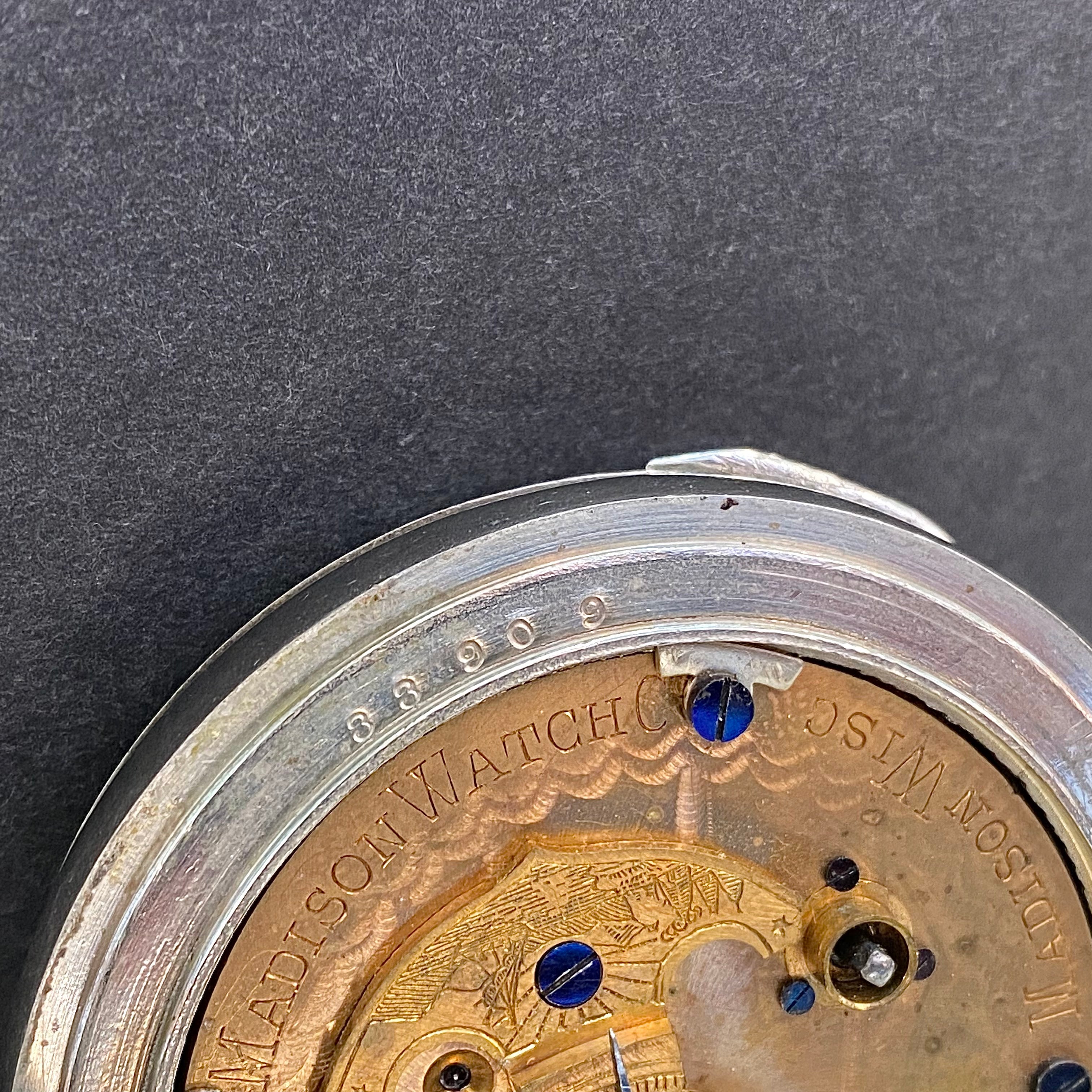 RARE! 1900s Madison Watch Co. Pocket Watch 18s Openface Key Wind Silve ...