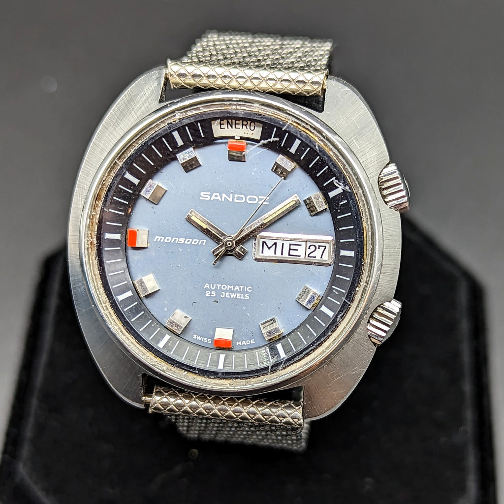 1970s SANDOZ Monsoon Automatic Watch Triple Date Swiss Made Wristwatch ...