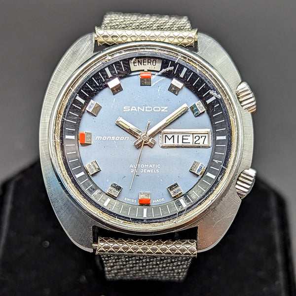 1970s SANDOZ Monsoon Automatic Watch Triple Date Swiss Made Wristwatch ...