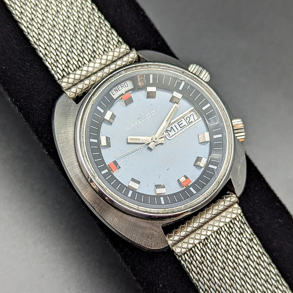 1970s SANDOZ Monsoon Automatic Watch Triple Date Swiss Made Wristwatch ...