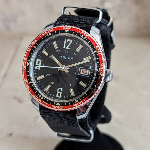 Vintage CLINTON Wristwatch Date & World Time Watch 17 Jewels GMT Watch ...