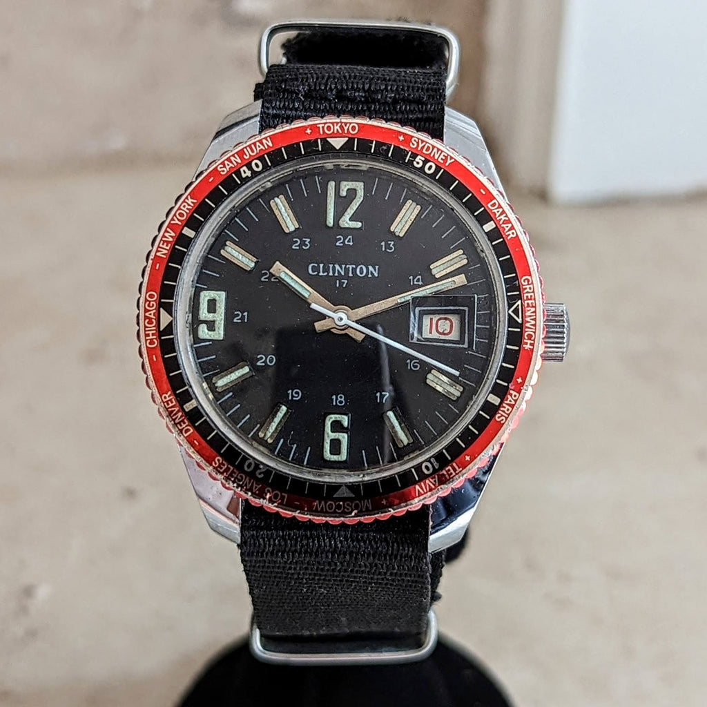 Vintage CLINTON Wristwatch Date & World Time Watch 17 Jewels GMT Watch ...