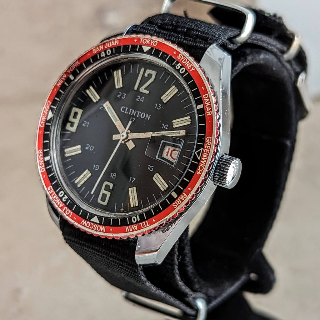 Vintage CLINTON Wristwatch Date & World Time Watch 17 Jewels GMT Watch ...