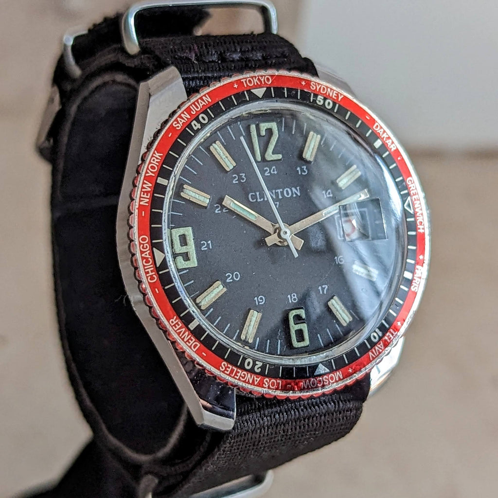 Vintage CLINTON Wristwatch Date & World Time Watch 17 Jewels GMT Watch ...