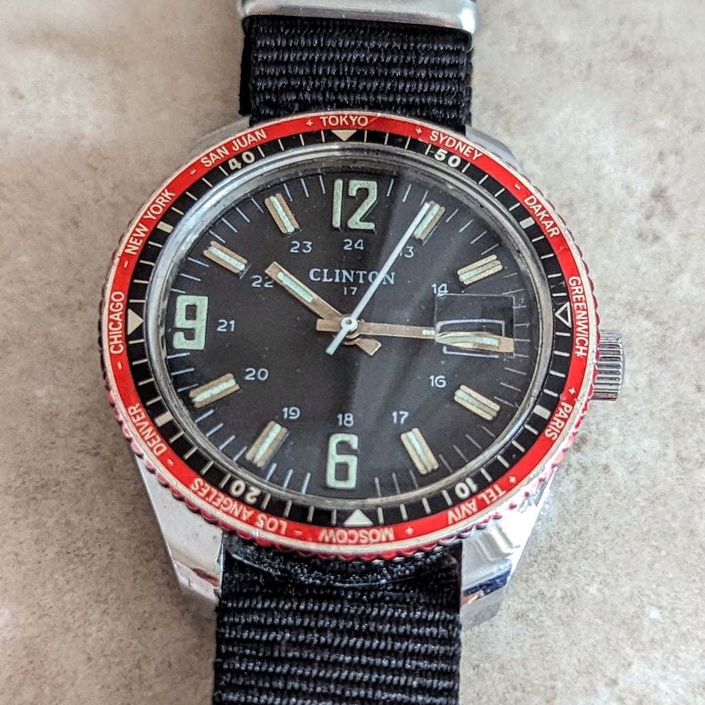 Vintage CLINTON Wristwatch Date & World Time Watch 17 Jewels GMT Watch ...