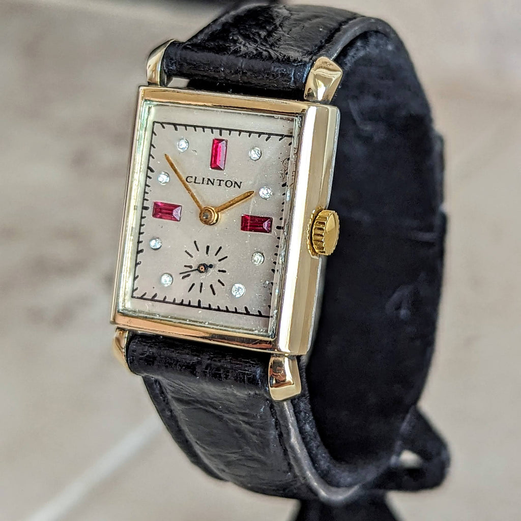 CLINTON Dress Wristwatch 17 Jewels Tank Case Fancy Dial Swiss Made Vin ...