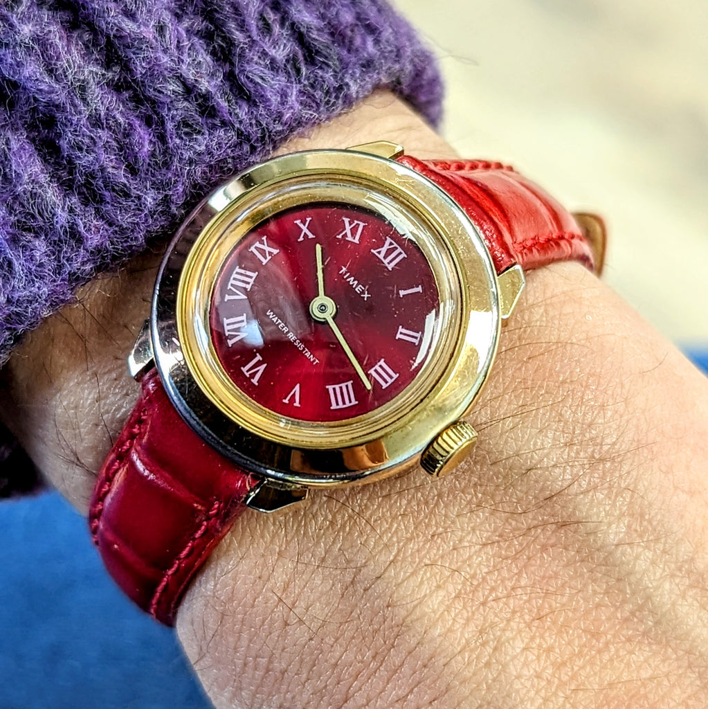 Ladies TIMEX Mechanical Watch Red Dial Vintage Wristwatch 26mm Water R ...