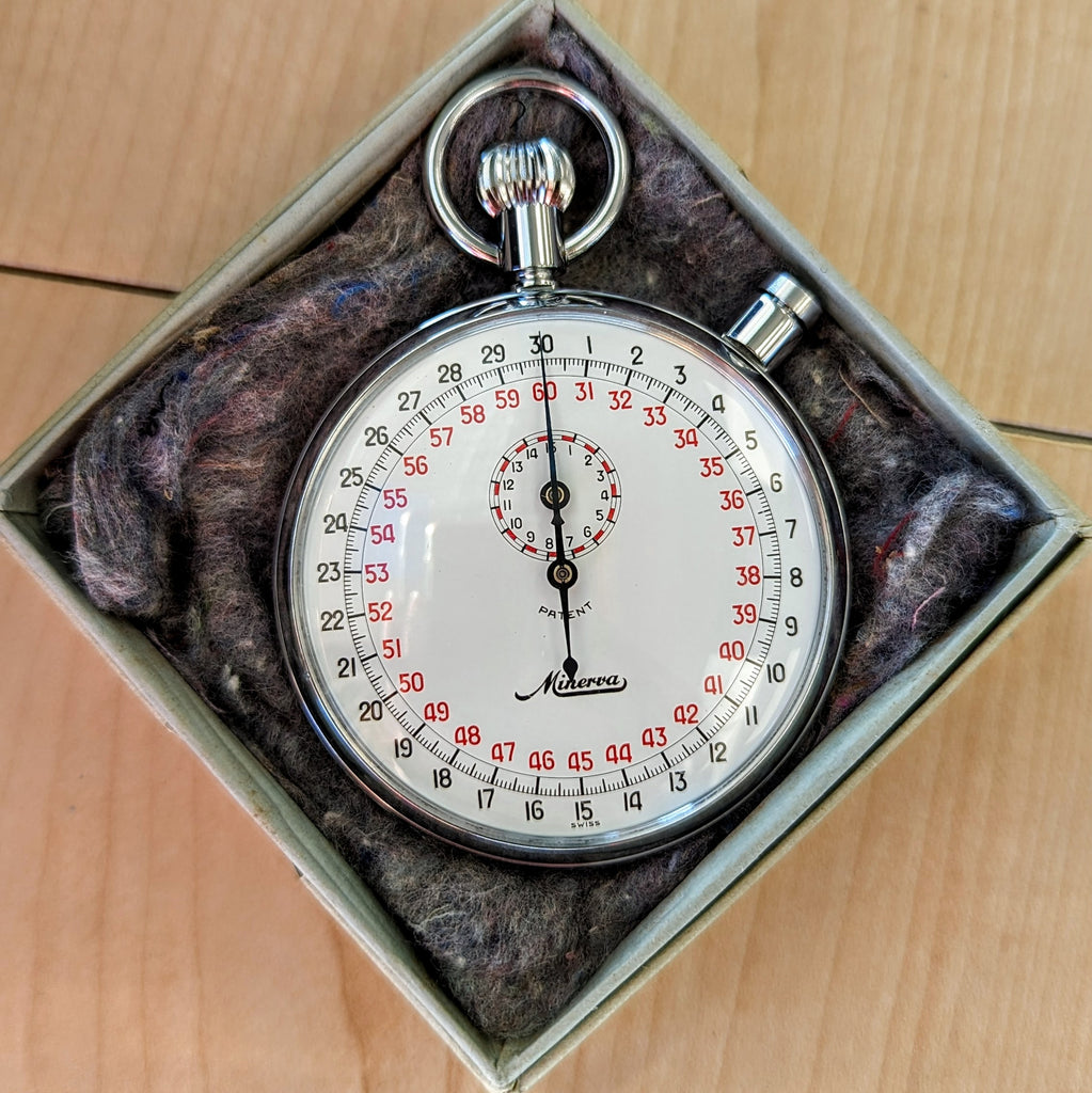 NOS MINERVA Patent Mechanical Stop Watch 1/10 Sec Swiss Made 7 Jewels ...