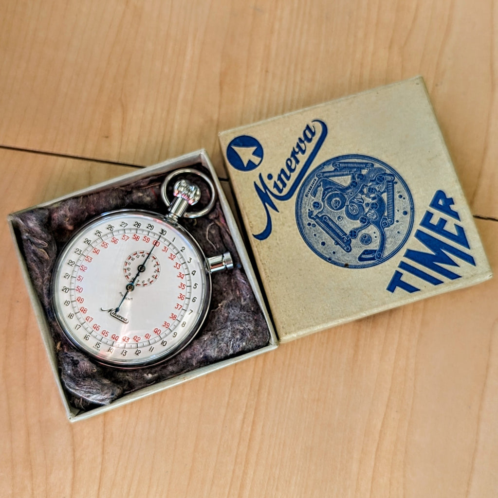 NOS MINERVA Patent Mechanical Stop Watch 1/10 Sec Swiss Made 7 Jewels ...