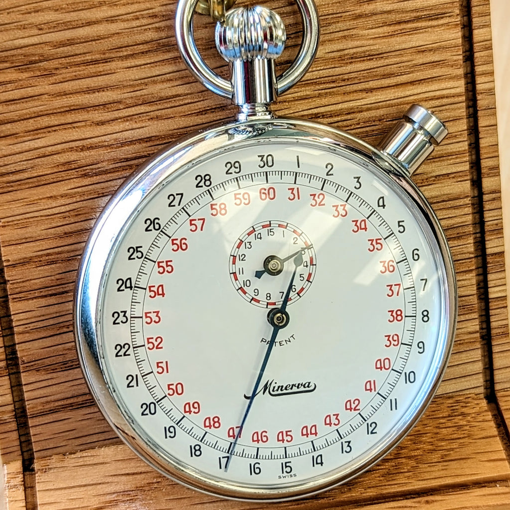NOS MINERVA Patent Mechanical Stop Watch 7 Jewels Swiss Made 1/10 Sec ...