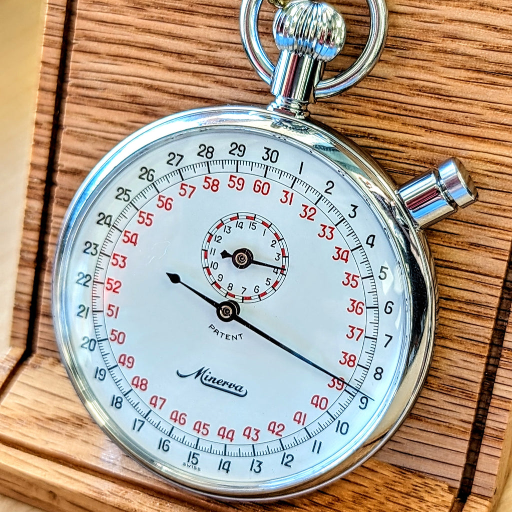NOS MINERVA Patent Mechanical Stop Watch 1/10 Sec Swiss Made 7 Jewels – SECOND HAND HOROLOGY