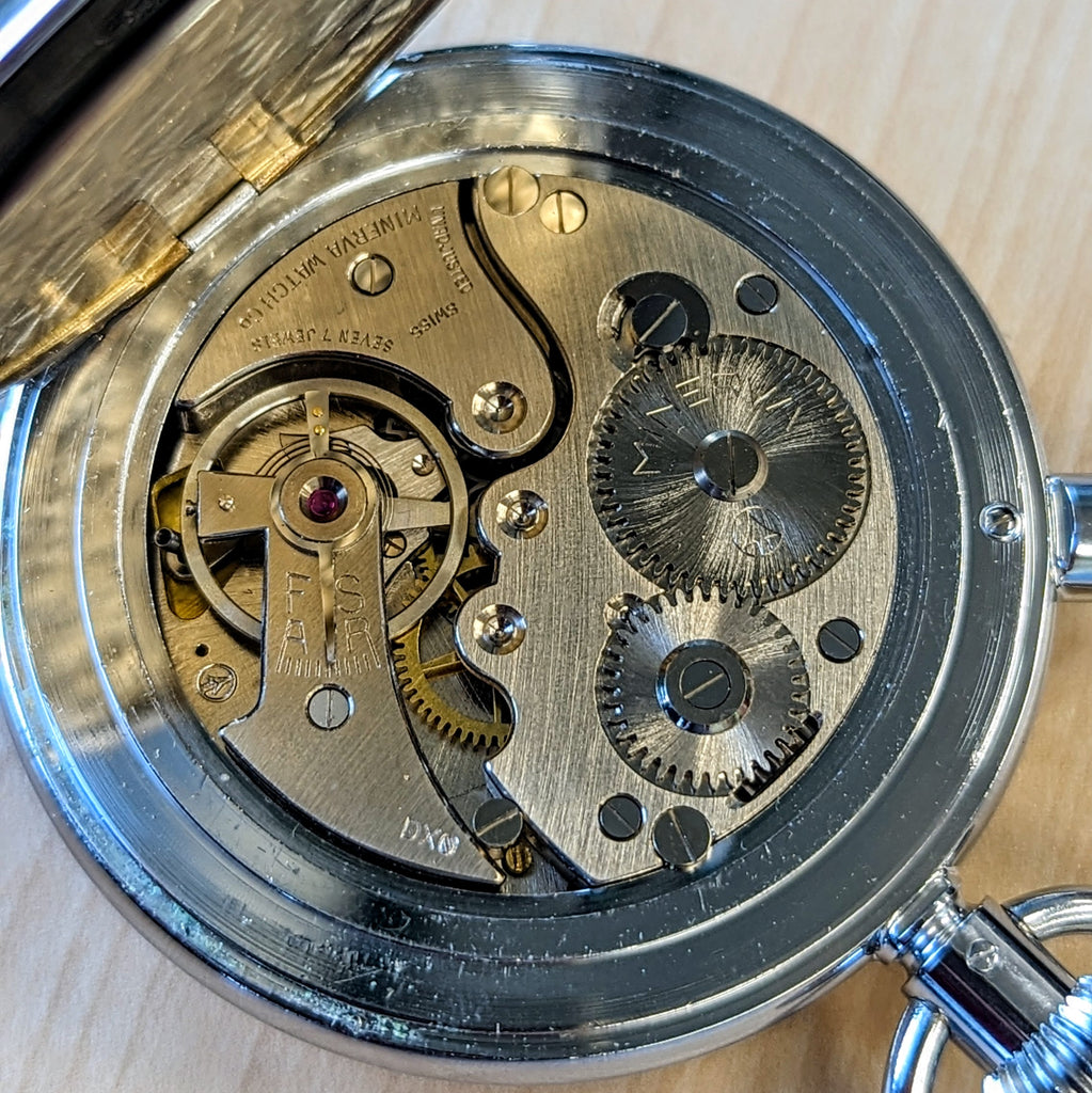 NOS MINERVA Patent Mechanical Stop Watch 7 Jewels Swiss Made 1/10 Sec ...