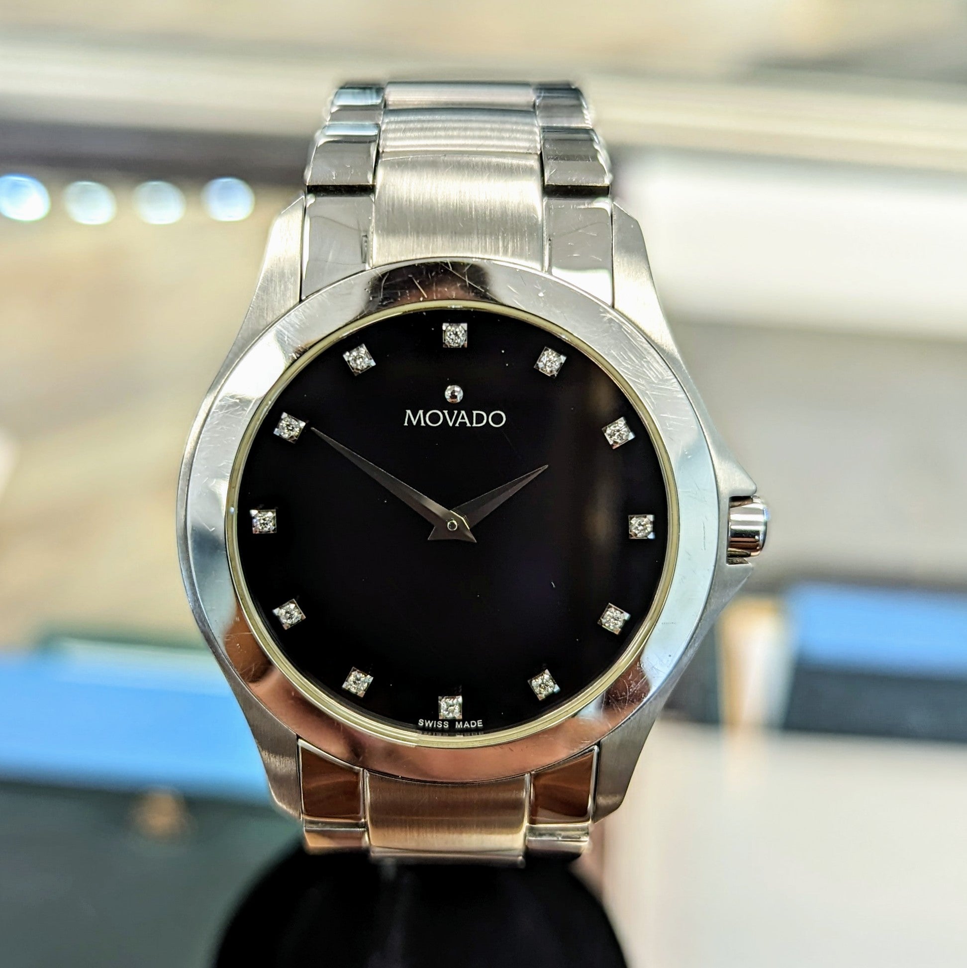 MOVADO Masino Watch 38mm Diamond Dial ALL Stainless Steel Wristwatch ...