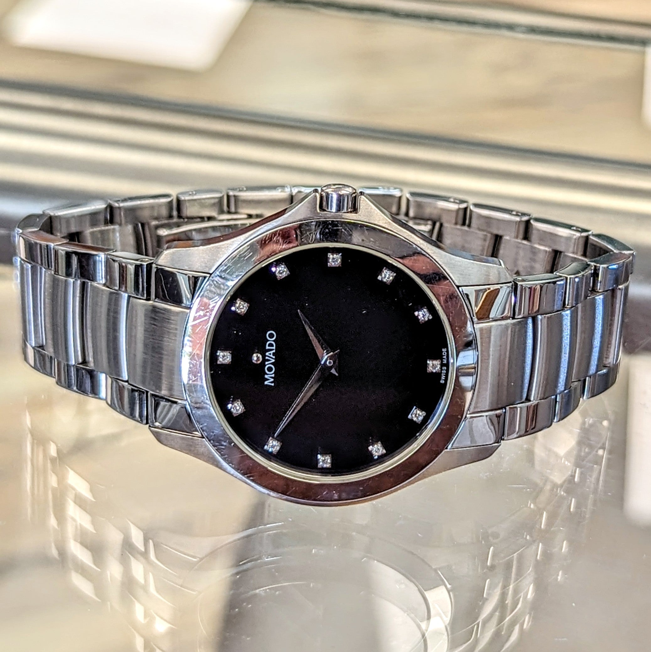 MOVADO Masino Watch 38mm Diamond Dial ALL Stainless Steel Wristwatch ...