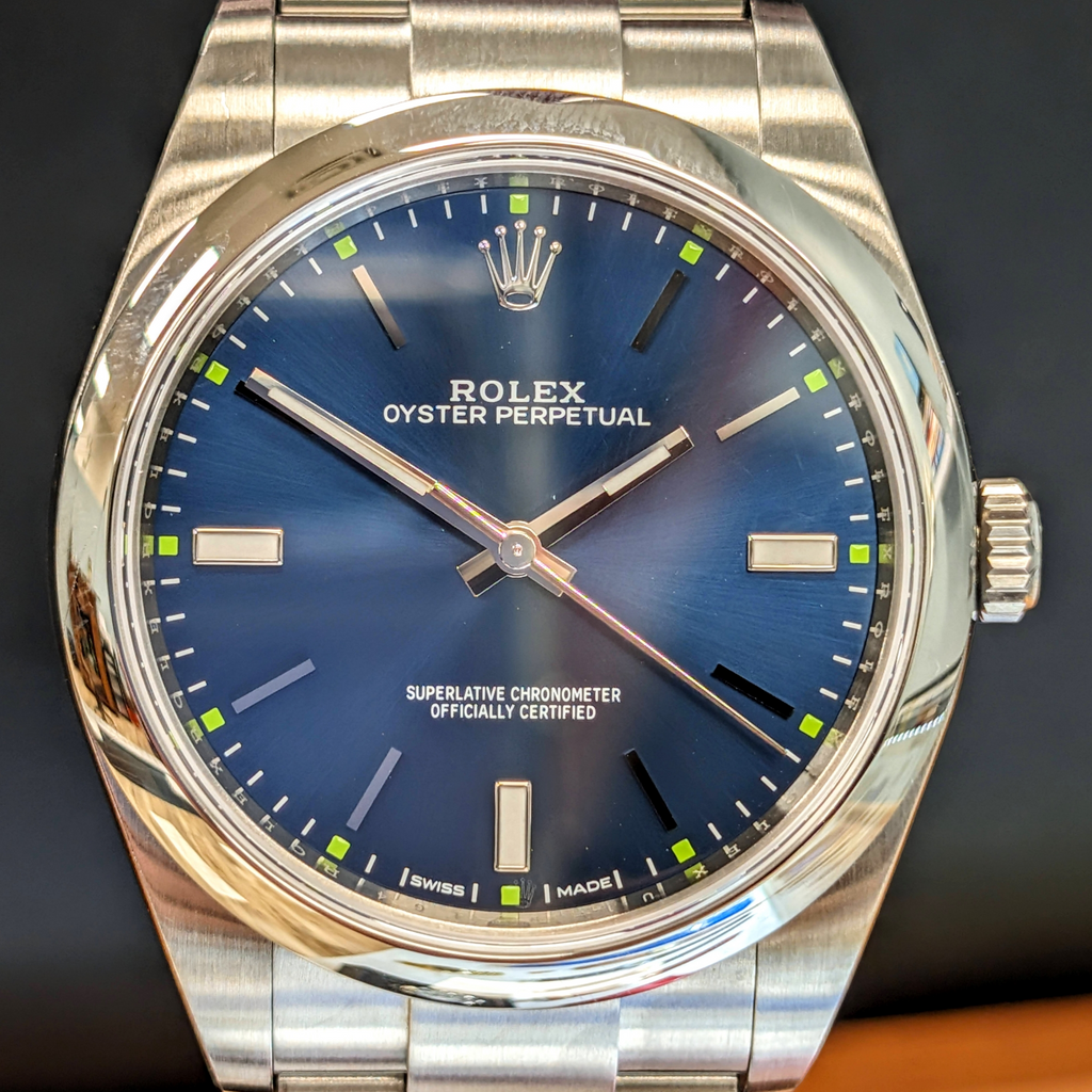ROLEX Oyster Perpetual 39mm Ref. 114300 Blue Dial Superlative Chronome ...